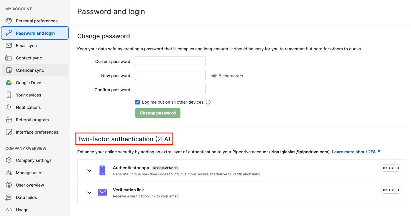 2FA: two-factor authentication - Knowledge Base | Pipedrive